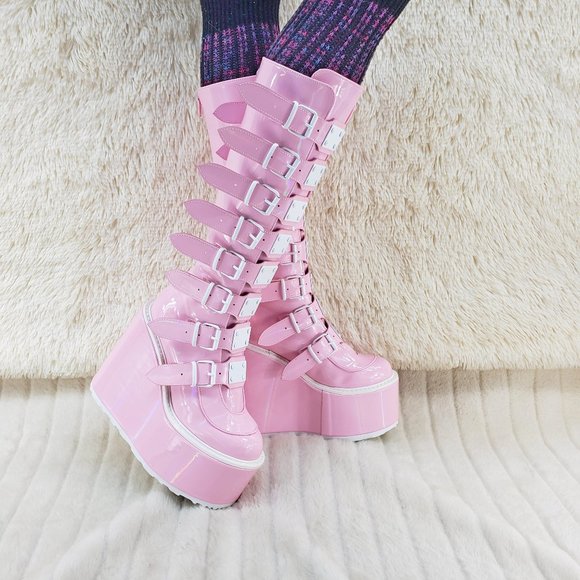 Demonia | Shoes | Pink Hologram Knee High Festival Platform Boots ...